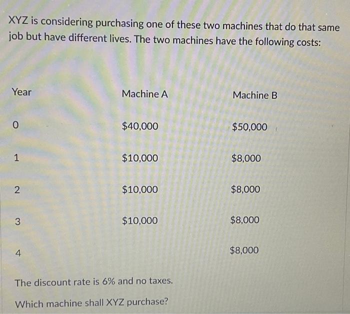 Solved XYZ is considering purchasing one of these two | Chegg.com