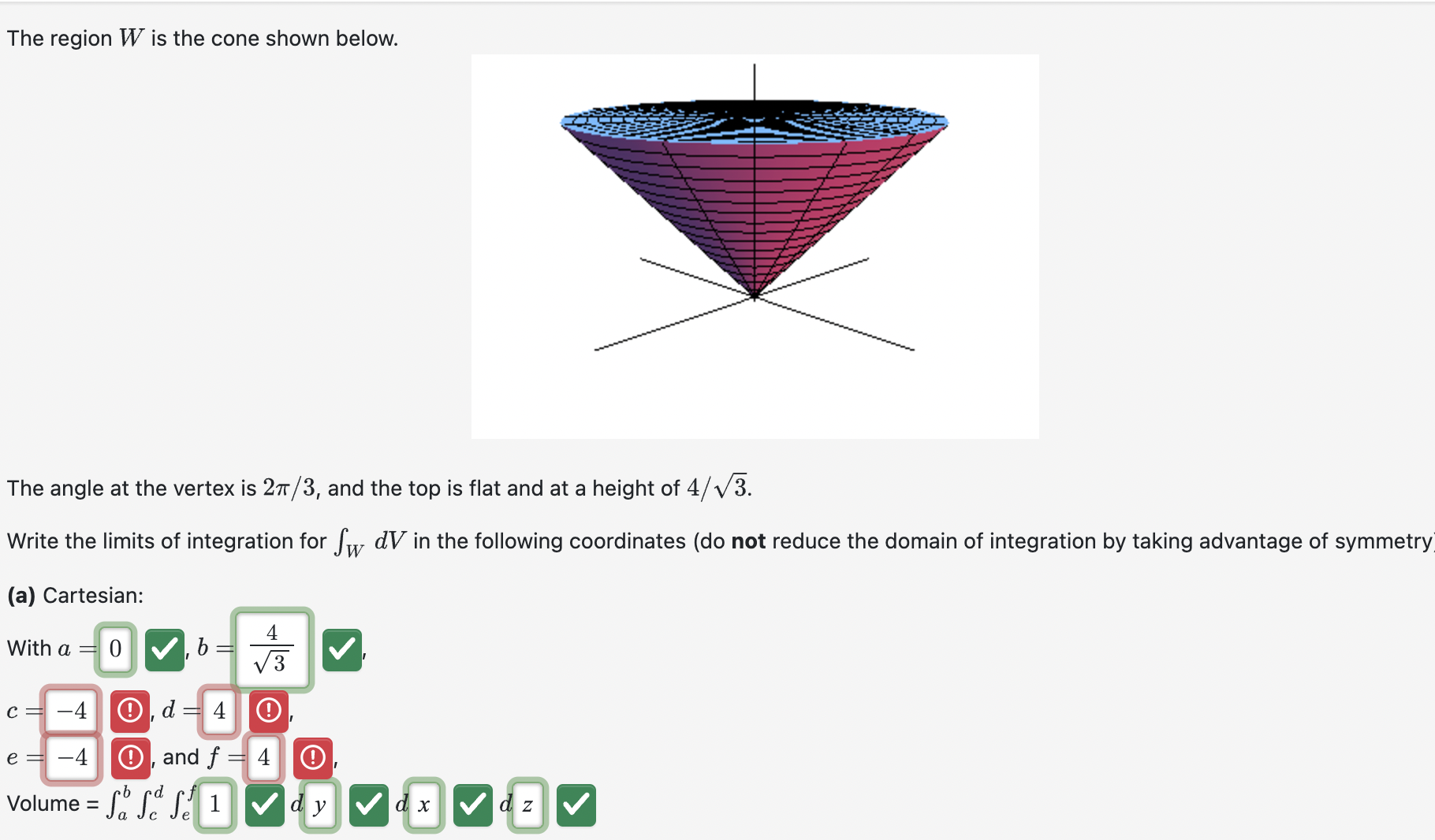 Solved The region W is ﻿the cone shown below.The angle at | Chegg.com