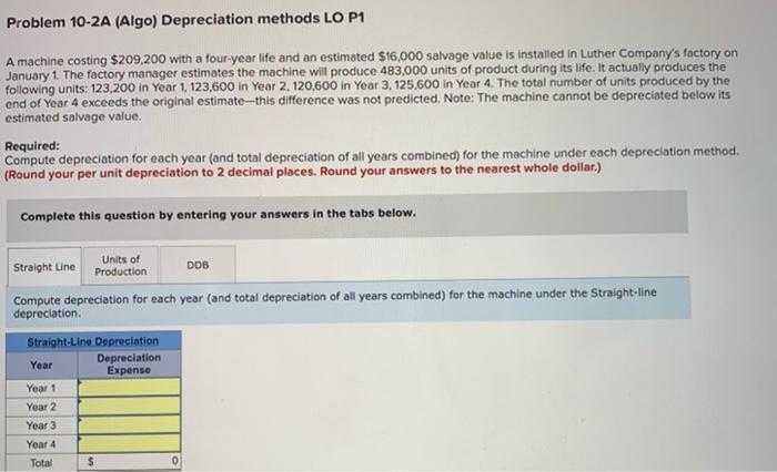 Solved Problem 10-2A (Algo) Depreciation methods LO P1 A | Chegg.com