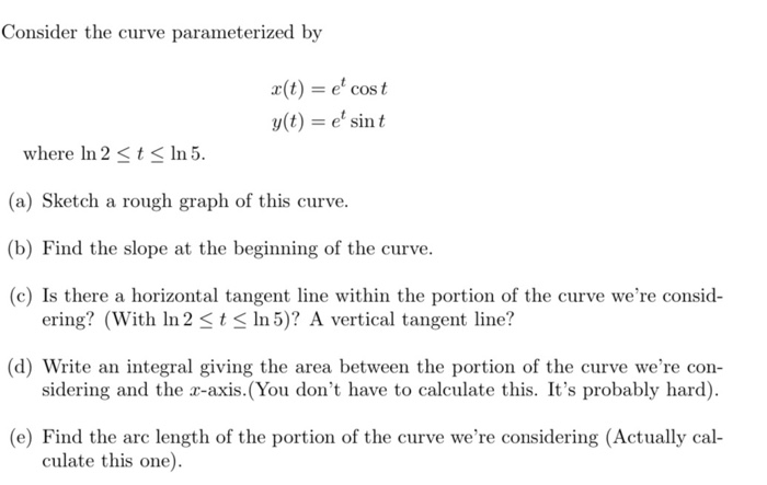 Solved Consider the curve parameterized by x(t) = e' cost | Chegg.com