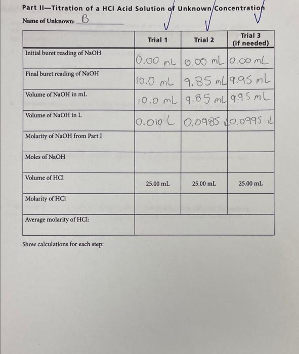 Solved Show calculations for each step:Part II-Titration of | Chegg.com