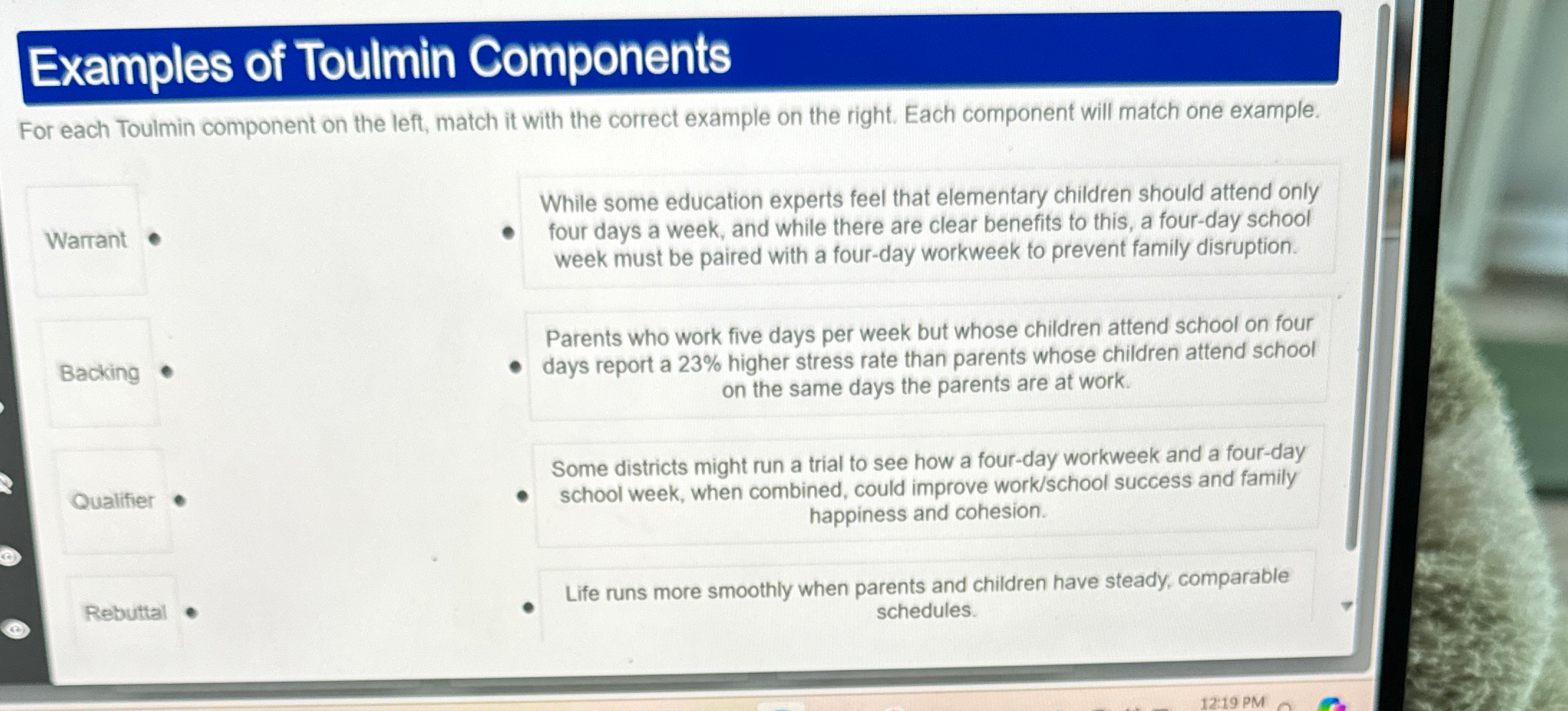 Solved Examples of Toulmin ComponentsFor each Toulmin | Chegg.com