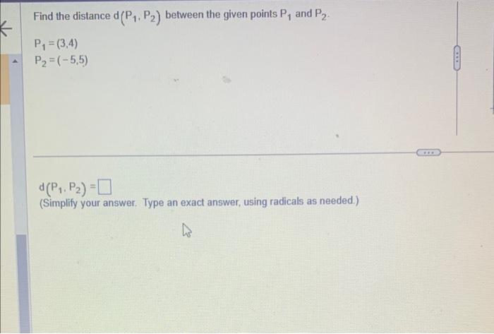 Solved Find the distance d(P1,P2) between the given points | Chegg.com