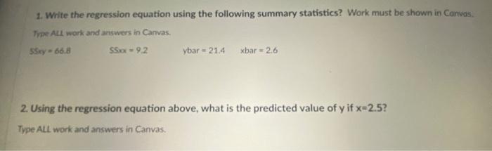 Solved 1. Write the regression equation using the following | Chegg.com