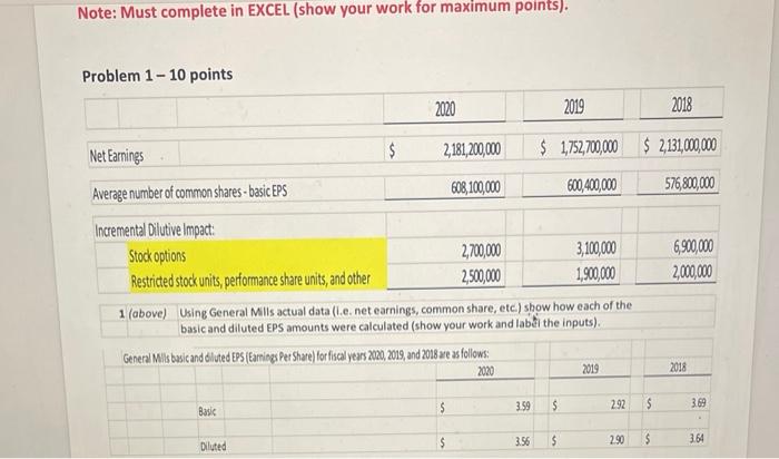 Solved Note: Must complete in EXCEL (show your work for | Chegg.com