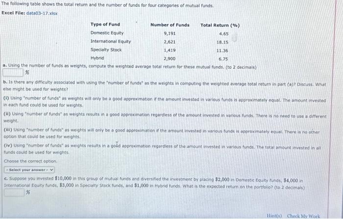 Solved The following table shows the total return and the | Chegg.com