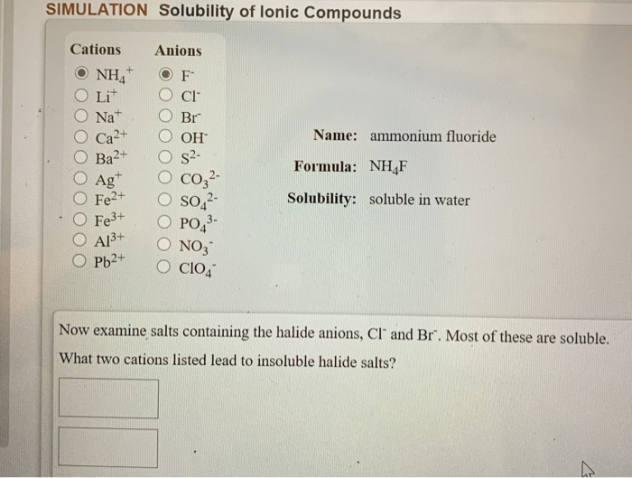Solved SIMULATION Solubility of lonic Compounds Cations | Chegg.com