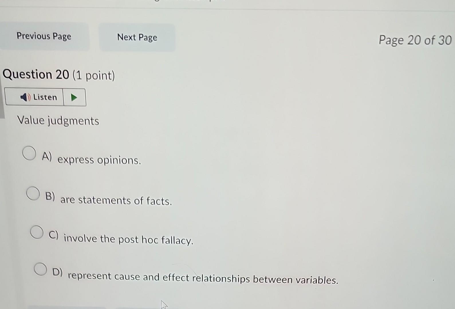 Solved Page 20 of 30 Question 20 (1 point) Value judgments | Chegg.com