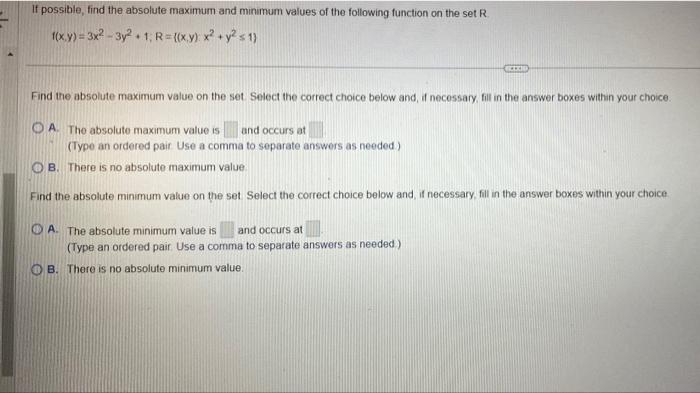 Solved f(x,y)=3x2−3y2+1,R={(x,y):x2+y2≤1} Find the absolute | Chegg.com