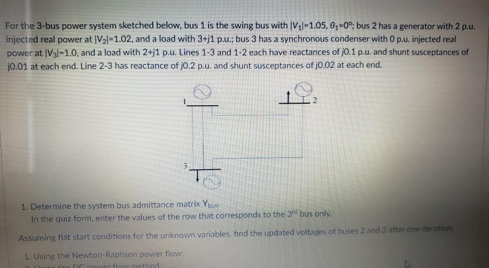 Solved For the 3-bus power system sketched below, bus 1 is | Chegg.com