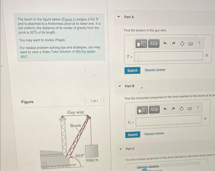 Solved The boom in the figure below (Figure 1) weighs 2750 N | Chegg.com