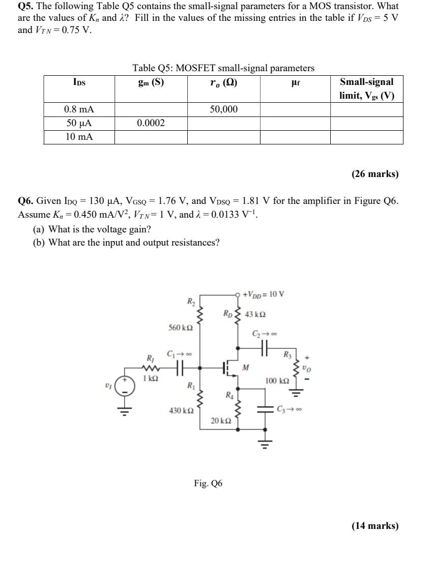 Solved Q5. The following Table Q5 contains the small-signal | Chegg.com