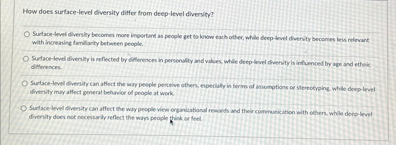 Solved How does surface-level diversity differ from | Chegg.com