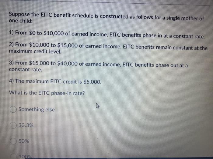 Solved Suppose the EITC benefit schedule is constructed as | Chegg.com