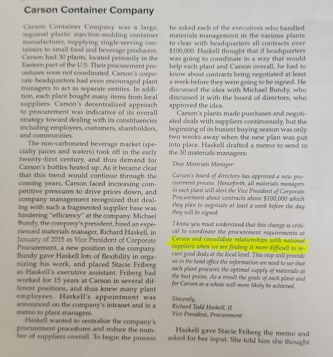 Carson Contalner Company Carson Container Company was | Chegg.com