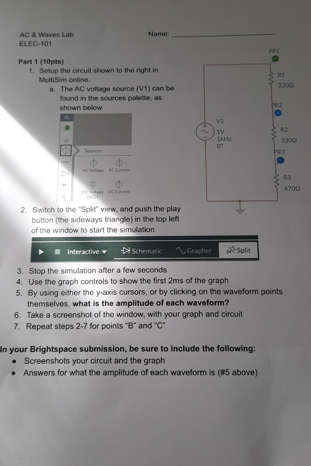 Solved Name: AC & Waves Lab ELEC-101 PR1 R1 Part 1 (10pts) | Chegg.com