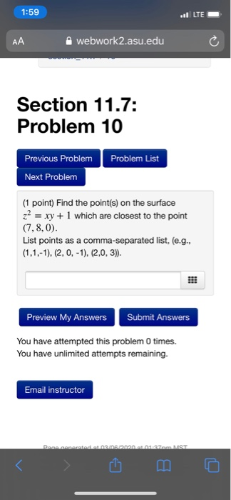 Solved 1:59 vil E- AA webwork2.asu.edu Section 11.7: Problem | Chegg.com