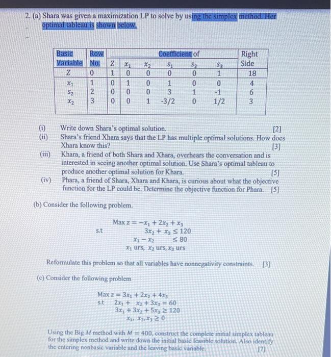 Solved 2. (a) Shara was given a maximization LP to solve by | Chegg.com