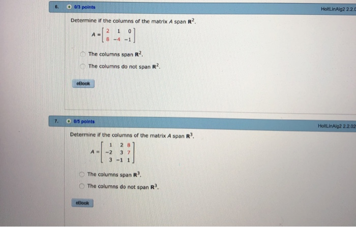 Solved 0/3 points HolthinAlg2 22.0 Determine if the columns | Chegg.com