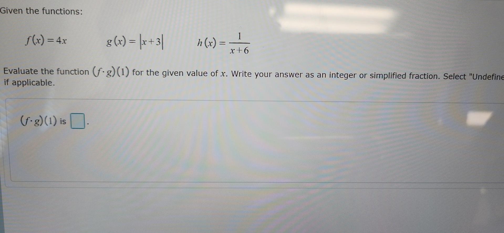 Solved Given the functions: f(x)=4xg(x)=∣x+3∣h(x)=x+61 | Chegg.com