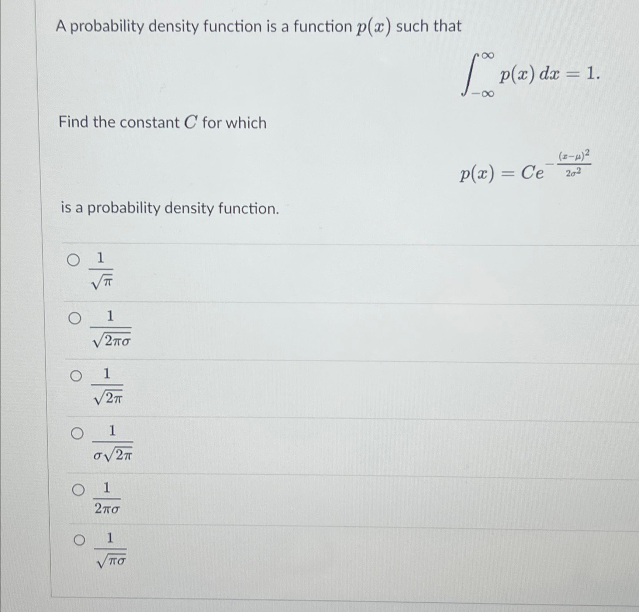 Solved A probability density function is a function p(x) | Chegg.com