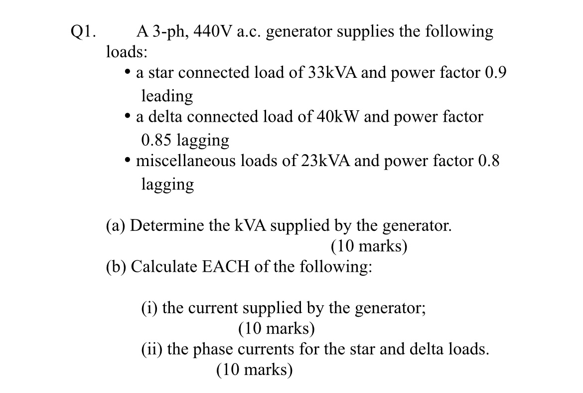 Solved Q1. ﻿A 3-ph, 440V a.c. ﻿generator supplies the | Chegg.com