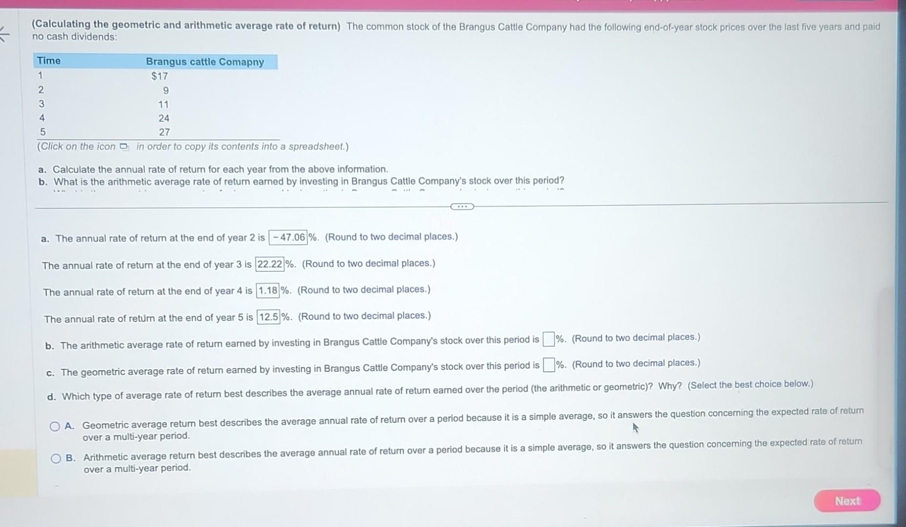 Solved a. Calculate the annual rate of return for each year | Chegg.com