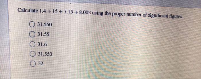 Solved Calculate 1.4 + 15 +7.15 +8.003 using the proper | Chegg.com