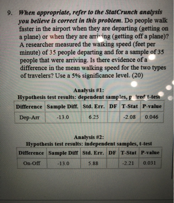 Solved 9. When appropriate, refer to the StatCrunch analysis | Chegg.com