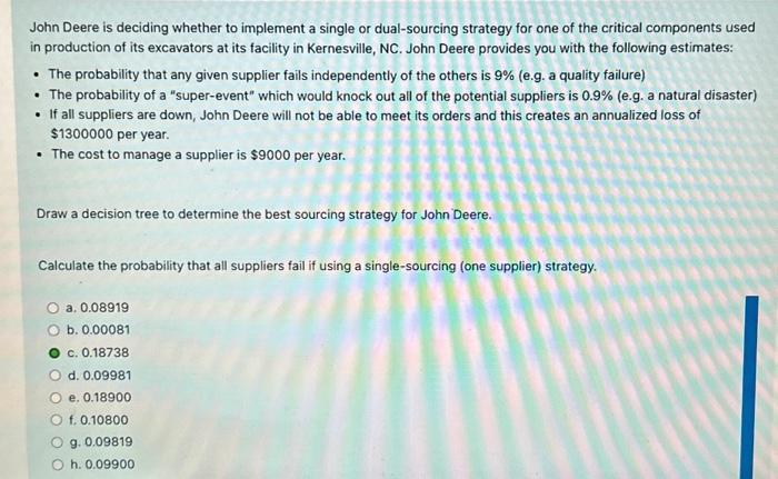 Solved John Deere is deciding whether to implement a single | Chegg.com