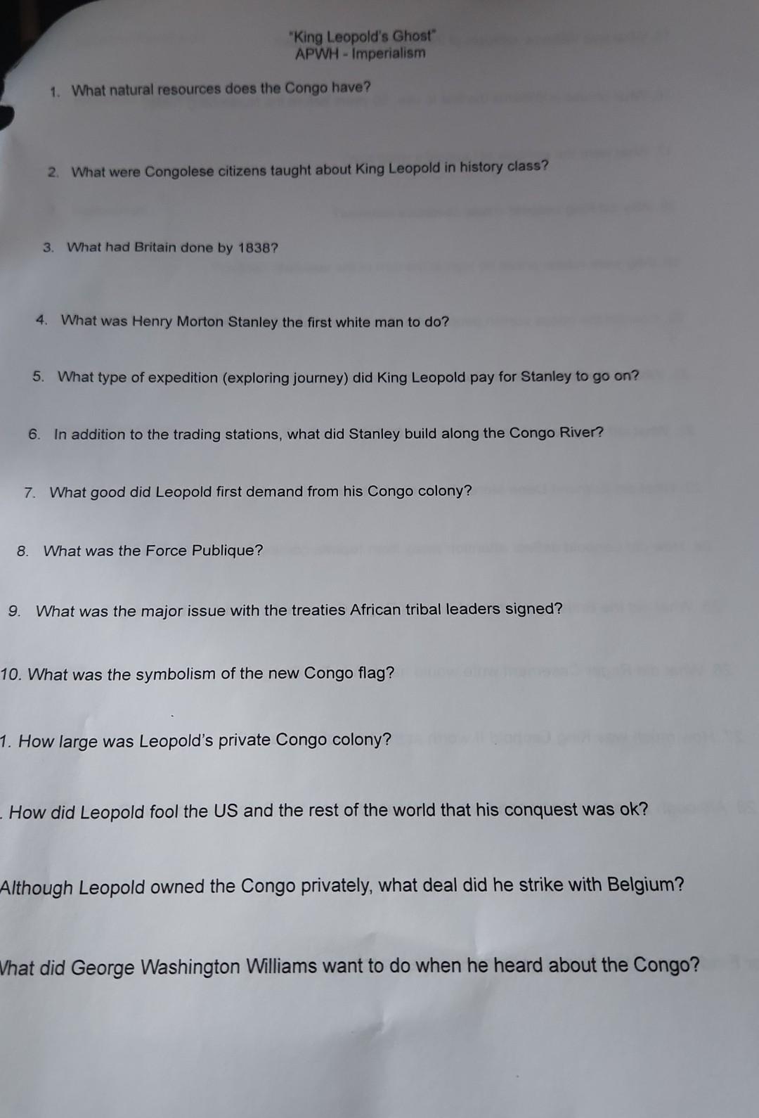 "King Leopold's Ghost" APWH - Imperialism 1. What | Chegg.com