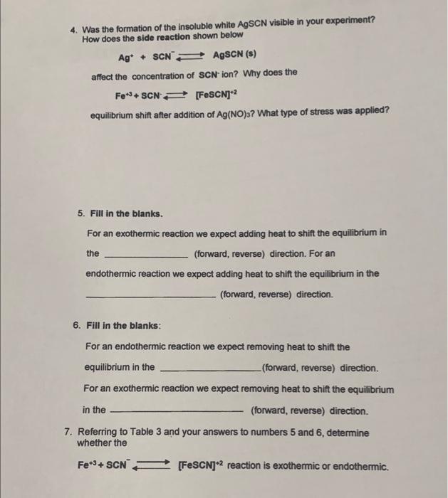 Solved 4. Was the formation of the insoluble white AgSCN | Chegg.com