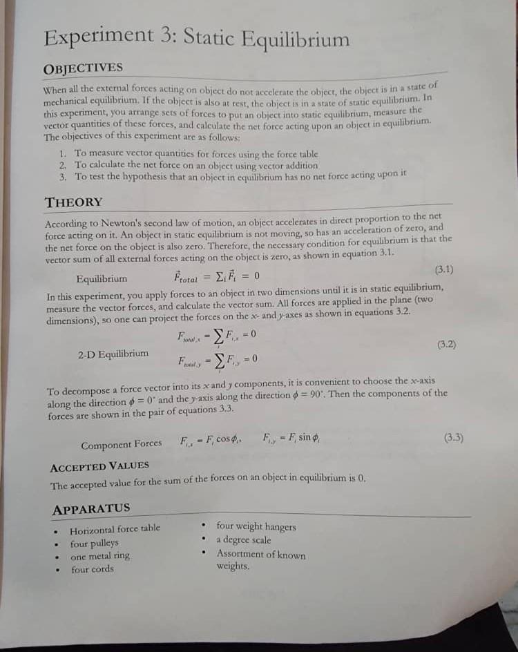 Solved Experiment 3: Static Equilibrium OBJECTIVES When all | Chegg.com