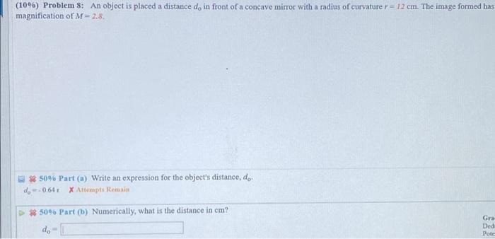 Solved (10%) Problem 8: An object is placed a distance de in | Chegg.com
