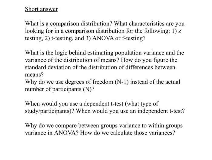 Solved Short answer What is a comparison distribution? What | Chegg.com