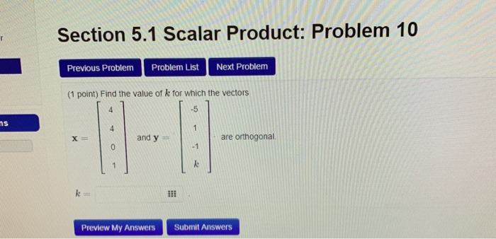 Solved Section 5.1 Scalar Product: Problem 10 Previous | Chegg.com