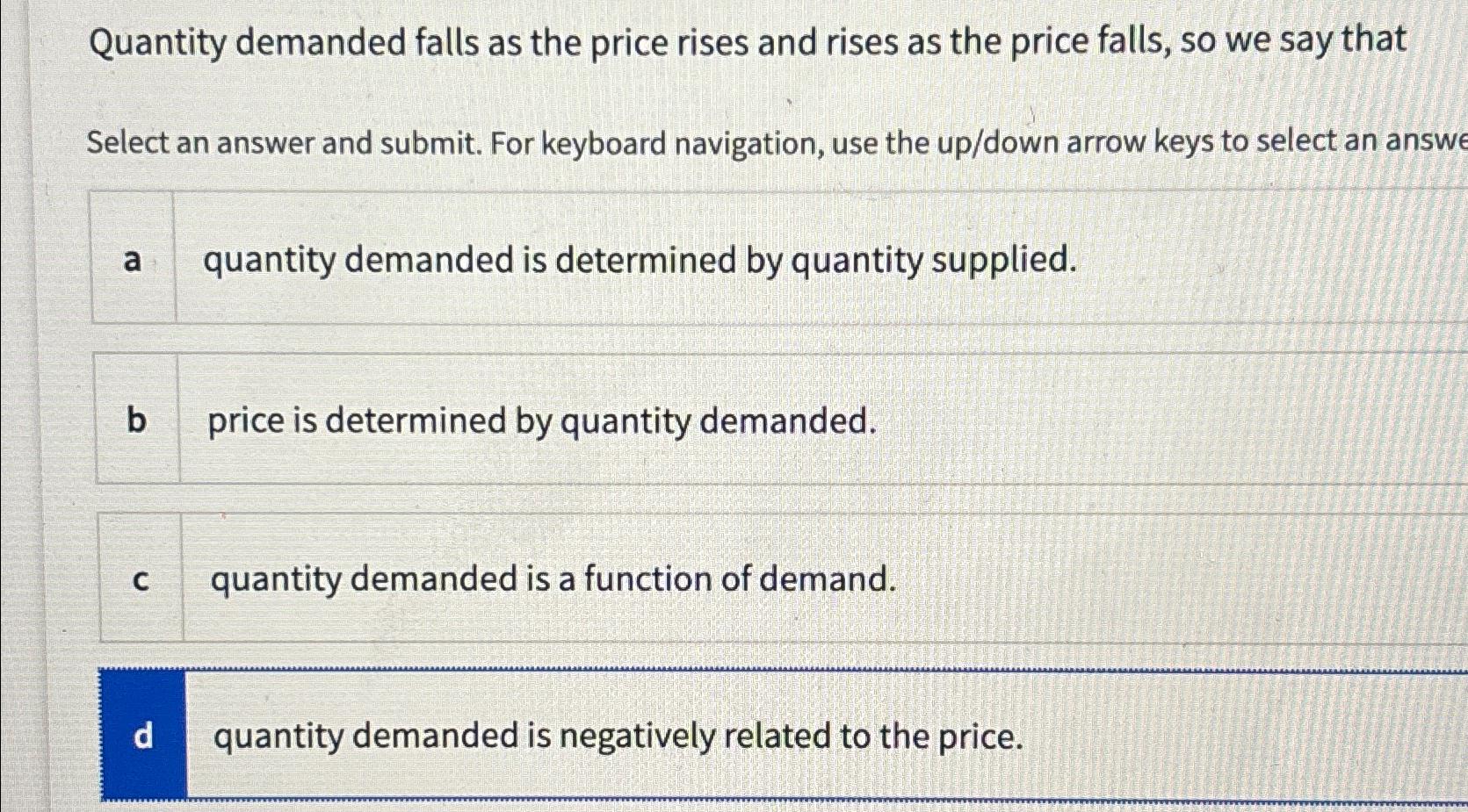 Solved Quantity demanded falls as the price rises and rises | Chegg.com