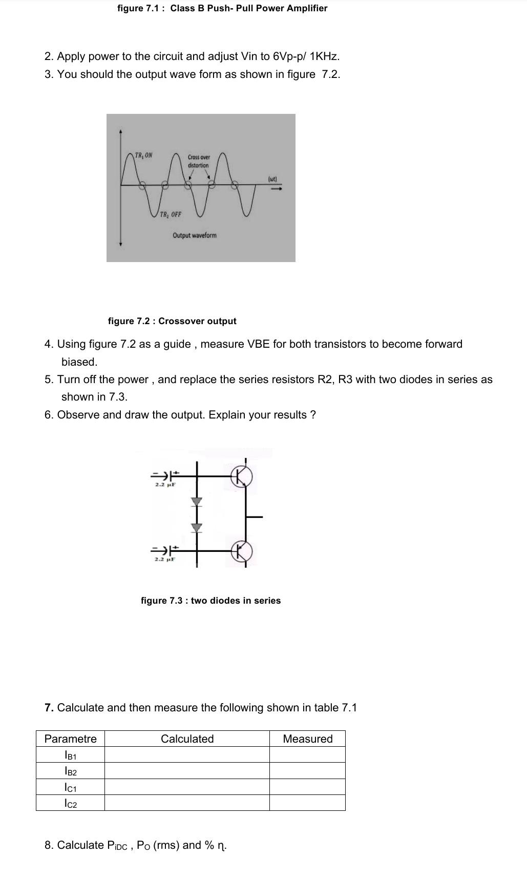 Solved EXPERIMENT EIGHT CIASS B PUSH-PULL POWER AMPLIFIER | Chegg.com