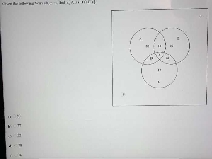 Solved Given the following Venn diagram, find n[ AU (BNC)]. | Chegg.com