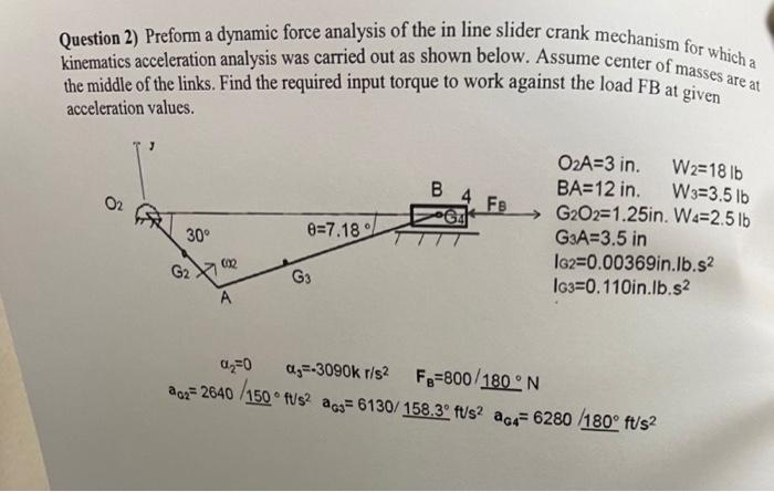 Solved Question 2) Preform a dynamic force analysis of the | Chegg.com