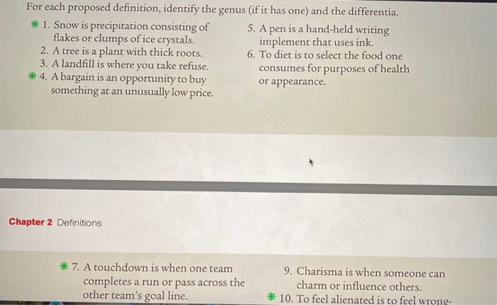 Solved For each proposed definition, identify the genus (if | Chegg.com