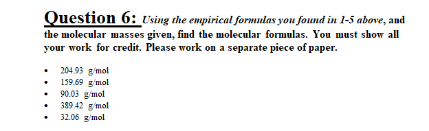 Question 6: Using the empirical formulas you found | Chegg.com