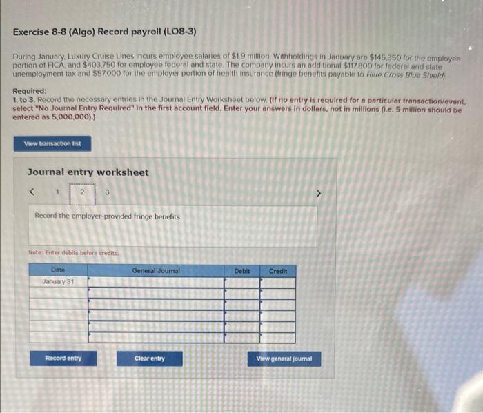 Solved Exercise 8-8 (Algo) Record payroll (LO8-3) During | Chegg.com