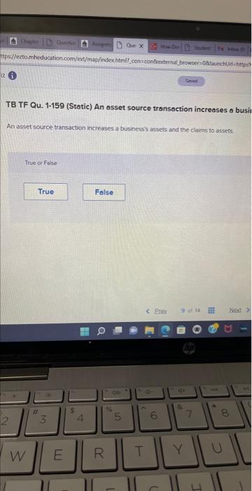 Solved TB TF Qu. 1-159 (Static) An asset source transaction | Chegg.com