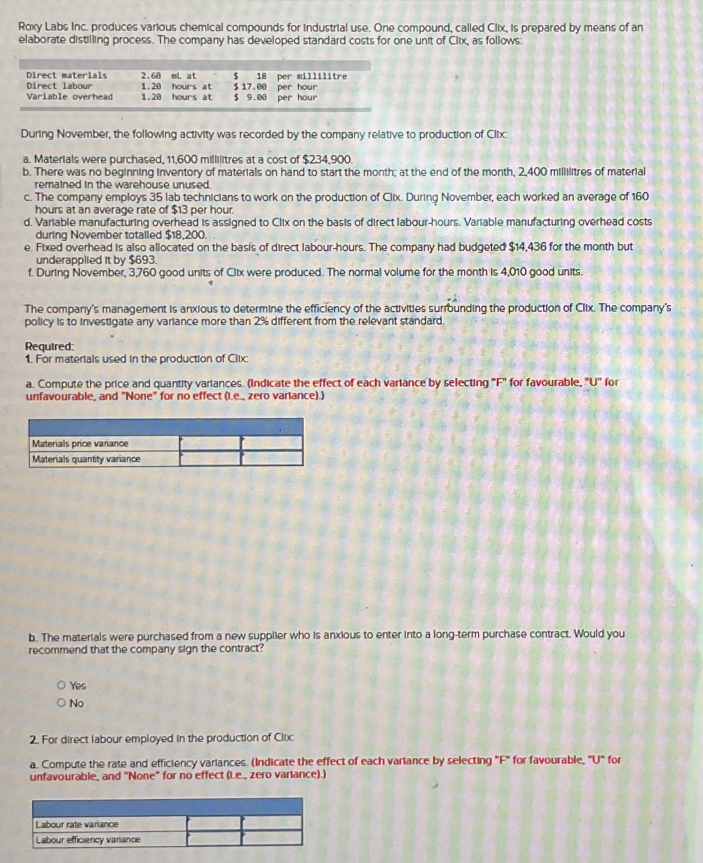 Solved Roxy Labs Inc produces varlous chemical compounds for | Chegg.com