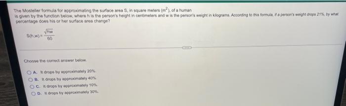 Solved The Mosteller formula for approximating the surface | Chegg.com