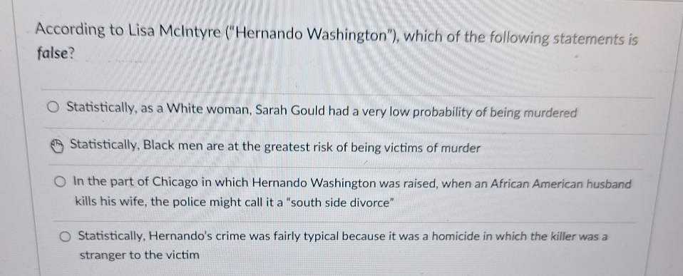 Solved According to Lisa McIntyre ("Hernando Washington"), | Chegg.com