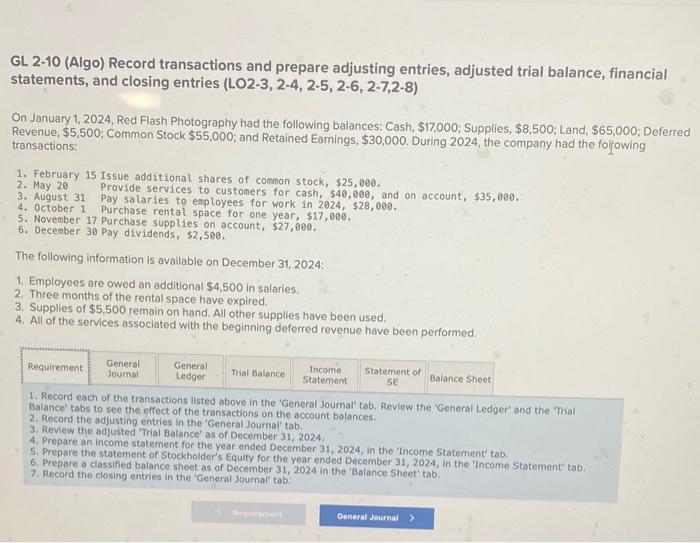 Solved GL 2-10 (Algo) Record transactions and prepare | Chegg.com