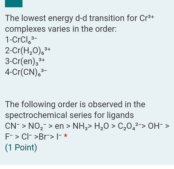Solved The lowest energy d-d transition for Cr3+ complexes | Chegg.com