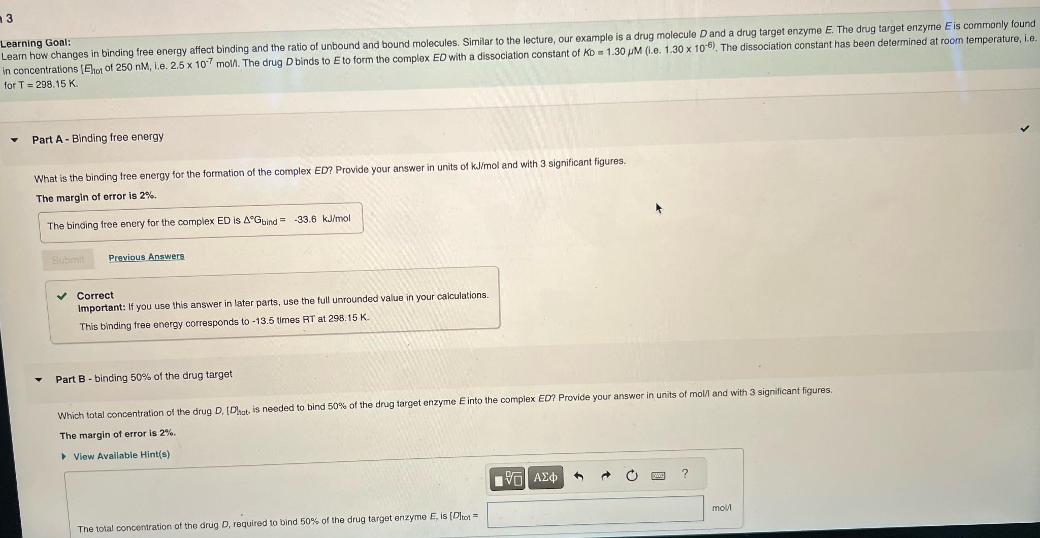 Solved Learning Goal: for T=298.15K.Part A - ﻿Binding free | Chegg.com
